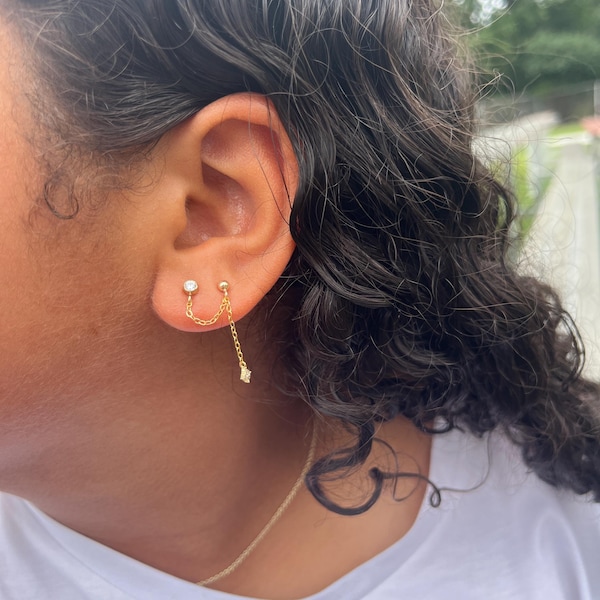 Dainty Chain CZ Double Earrings | Double Piercing Chain Earrings ...