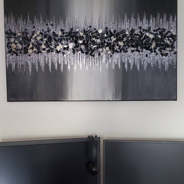 Black to Silver Ombre Obsidian Glass Painting, Black Silver Wall Art ...