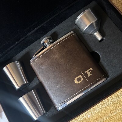Groomsmen Gift, Personalized Flask Set for Men, Rustic Brown Leather ...