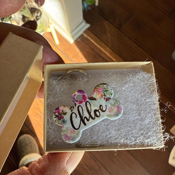 Pink Flowers Dog Tag, Rustic Floral Dog Tag, Faux Wood, Personalized ...