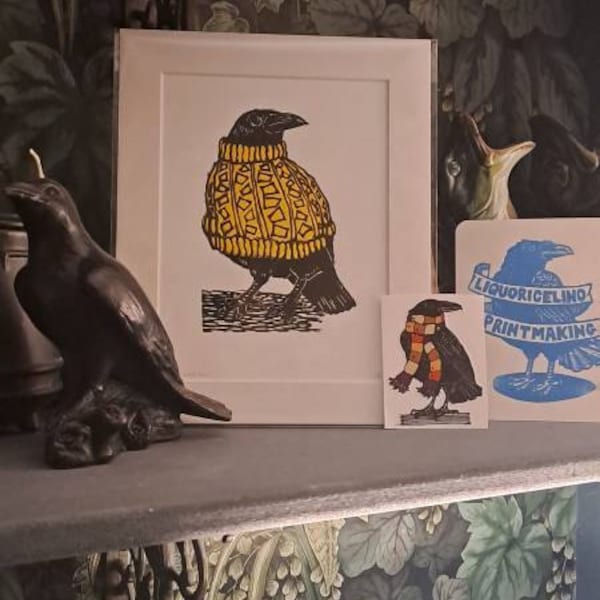 Crow Wearing a Mustard Yellow Jumper - Handmade Linocut Bird Art Print ...