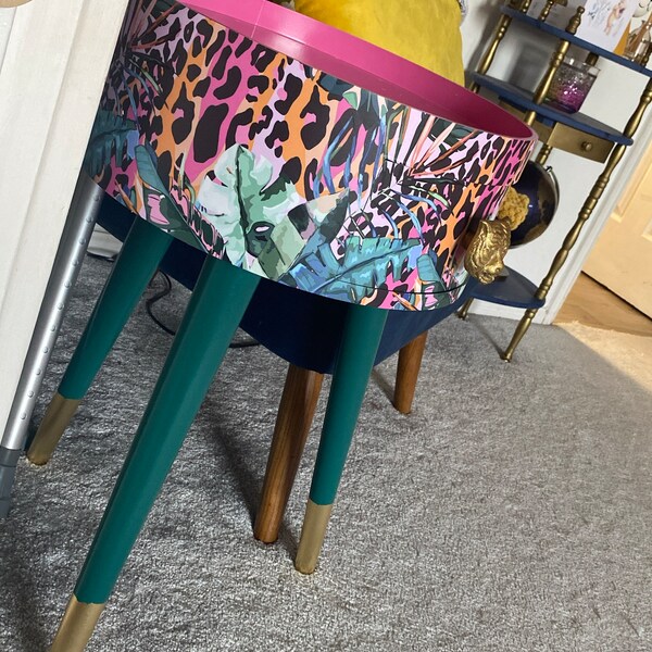 Tropical Wooden Side Table in Hot Pink, and Orange Leopard Print ...