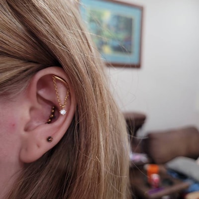 Silver Dangling, Chain CZ Studs, Minimalist Stud, CZ Helix Piercing ...