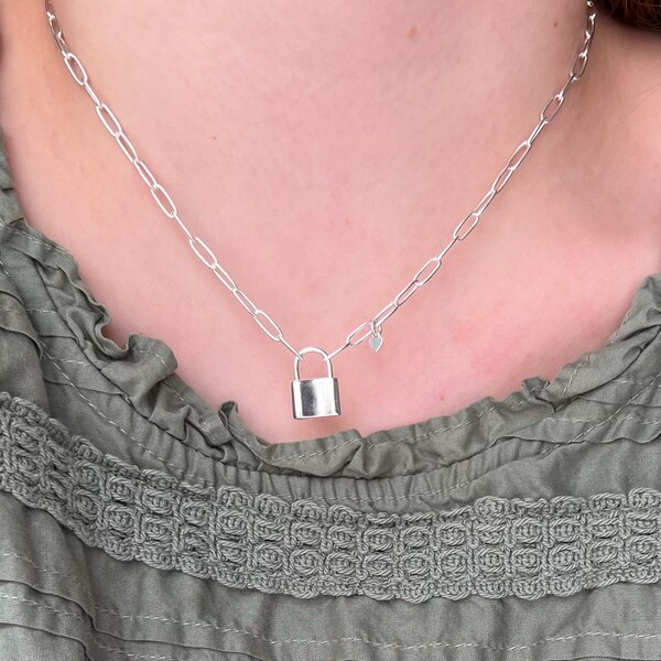 Solid Sterling Silver Padlock Necklace Paperclip Necklace 3mm Width ...