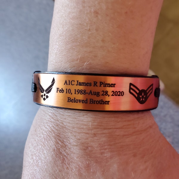 Custom Military Memorial Leather Bracelet - Engraved Bronze Plate, Army ...