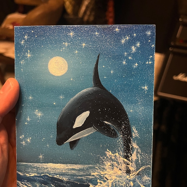 Orcas Painting. Original Oil Painting: Orca Leaping Above Sea on Clear ...
