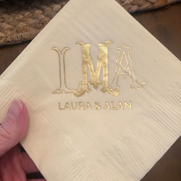 Wedding Logo Napkins, Interlocking Monogram Custom Cocktail Napkins, Foil Printed Napkins ...