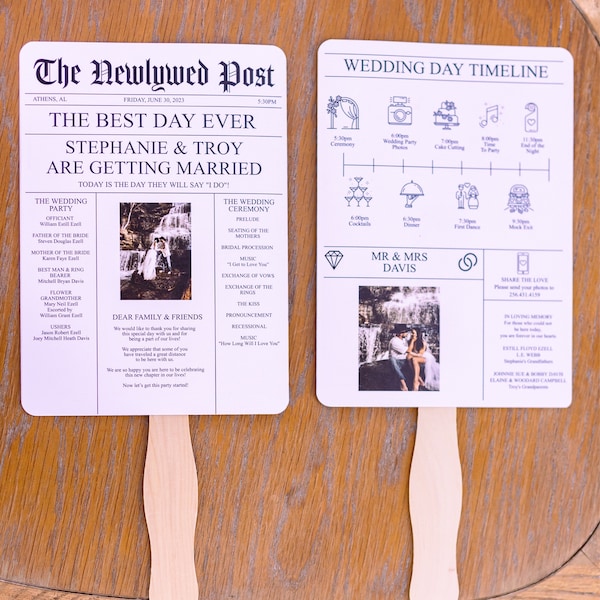 Newspaper Wedding Program Fan With Timeline, Printable Wedding Fan ...