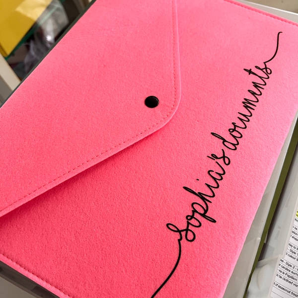 Personalised A4 Document Pouch, Pink Felt Storage Folder, Practical ...