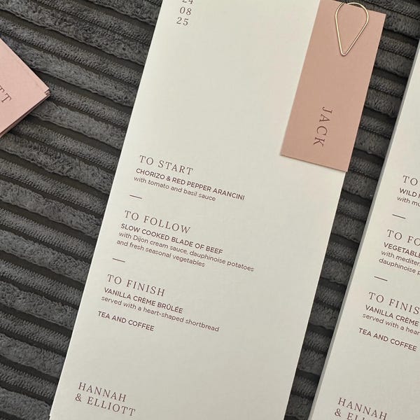 Menu Name Tag - Wedding Name Card - With - Gold Teardrop Clip - Place ...