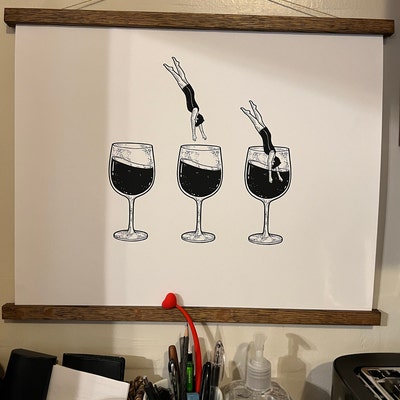 Wine Dive Print, Fine Line Wine Art, Bar Cart Prints, Kitchen Art, Line ...