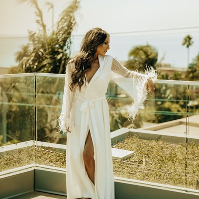 Long Bridal Robe With Lace Maxi Robe With Feather Wedding - Etsy