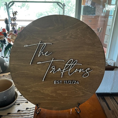 Round Family Last Name Sign With Engraved Botanical Frame and Raised ...