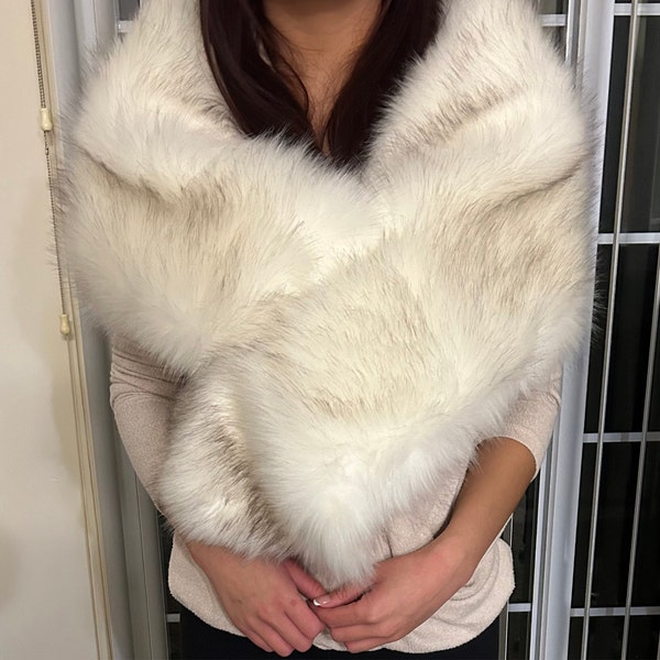 Ivory With Black Tips Faux Fur Bridal Wrap, Wedding Fur Shrug, Ivory ...