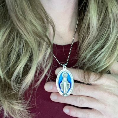 XL Blue Enamel Miraculous Medal, Miraculous Necklace, Catholic Gift, Our Lady Medal, Italian ...