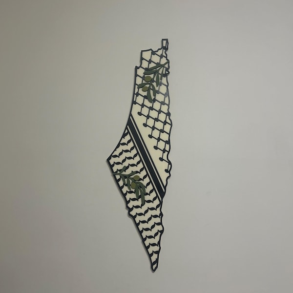 Wooden Palestine Map With Olive Leaves and Black Keffiyeh Patterns - Etsy