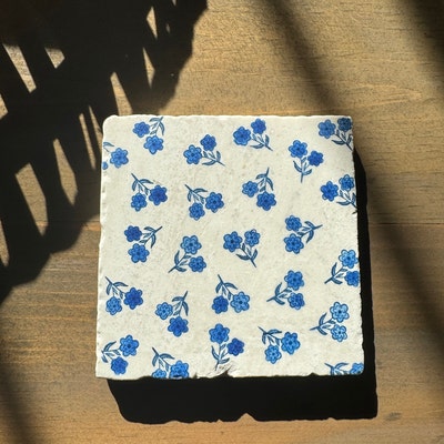 Blue and White Botanical Marble Coasters/ Botanical Coasters/ Botanical ...