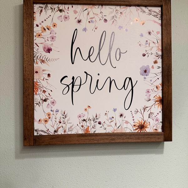 Hello Spring Sign With Flowers, Floral Framed Wall Art, Spring Decor ...
