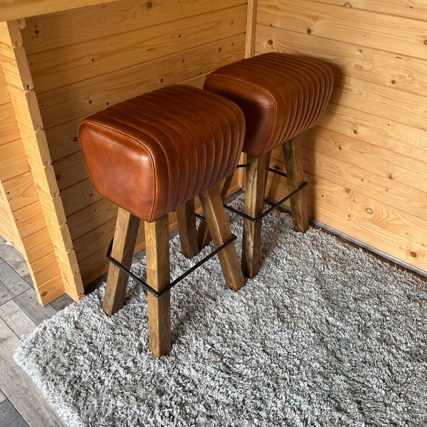 Leather Breakfast Bar Kitchen Counter Stool - Wood Legs Pommel Horse ...