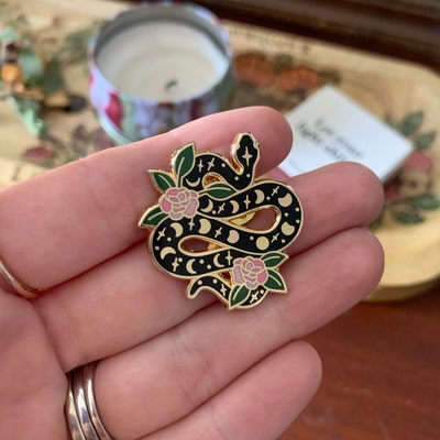 Snake Enamel Pin Magical W. Moon Phases & Flowers Black Gold Serpent ...