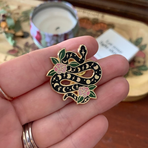 Snake Enamel Pin - Magical W. Moon Phases & Flowers - Black Gold ...