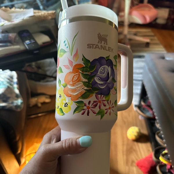 Painted Stanley 40oz Gray Tumbler, Floral Design Painted Stanley Mug ...
