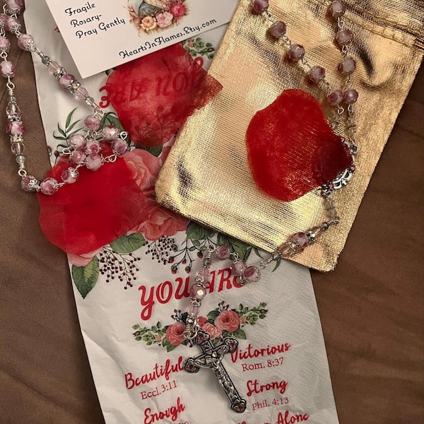 ROSEBUD PINK CRYSTAL Rosary Catholic Wedding Aurora Borealis Lampwork ...