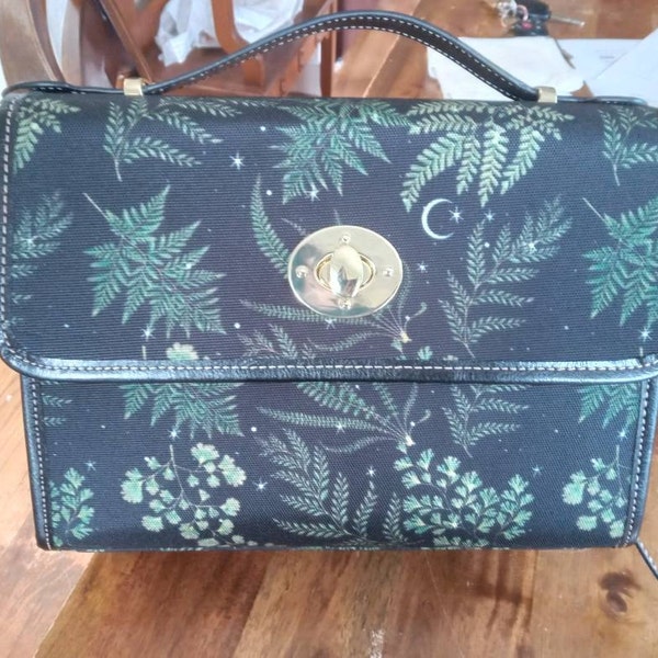 Boho Fern Forest Black Canvas Satchel Bag, Green Crossbody Moon Purse ...