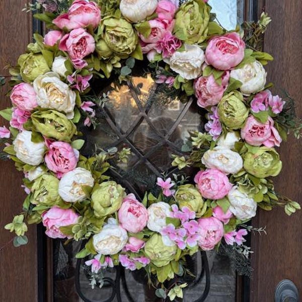 Summer Peony Wreath, Pink Wreath for Front Door, Lambs Ear Wreath - Etsy