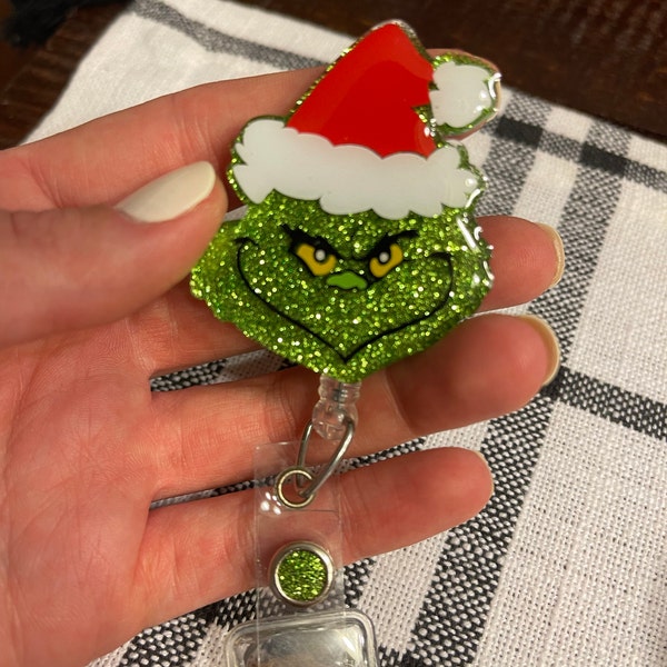 Glitter Grinch Badge Reel, Christmas ID Holder - Etsy