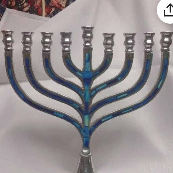 Hanukkah Menorah in Traditional Silver Aluminum With Blue Mosaic Inlay ...