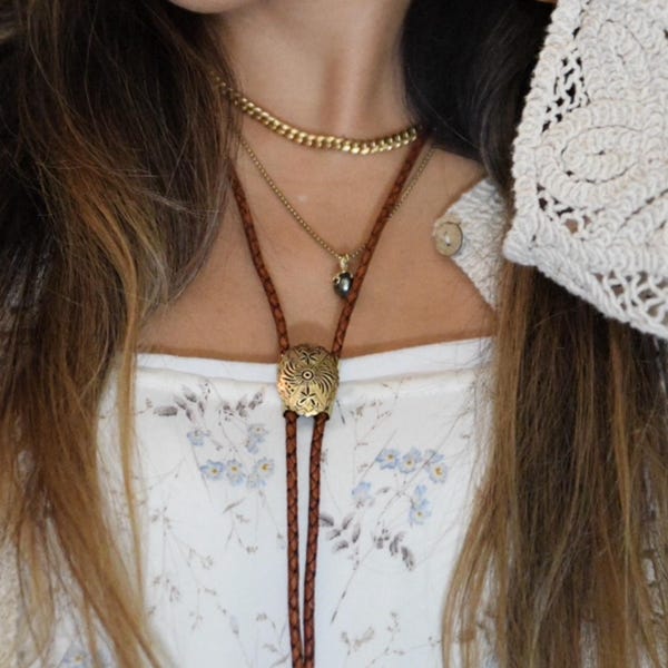 Wedding Bolo Ties Minimalist Leather Pendant Necklace Polished Brass ...
