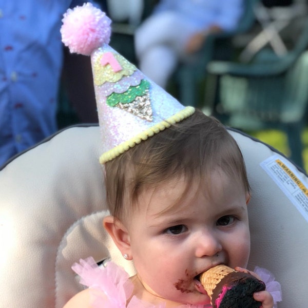 Glittery Ice Cream Theme Birthday Party Hat, 1 Birthday Ice Cream Party ...