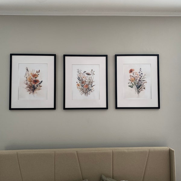 Set of 3 Neutral Watercolor Wildflower Prints | Minimalist Boho Wall ...
