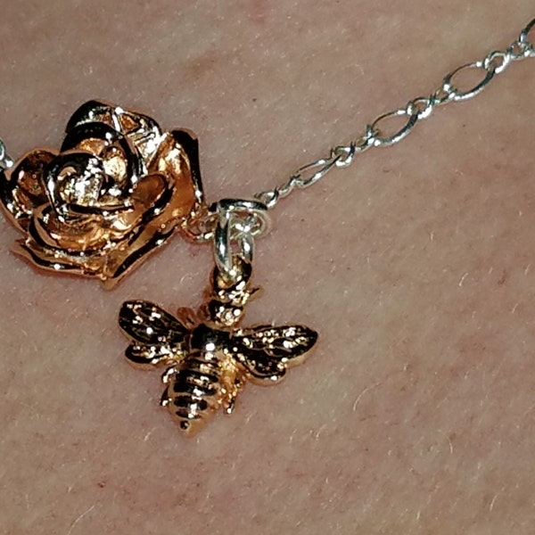 14K Vermeil Rose Gold Honey Bee Necklace With Rose Flower; Rose Gold ...