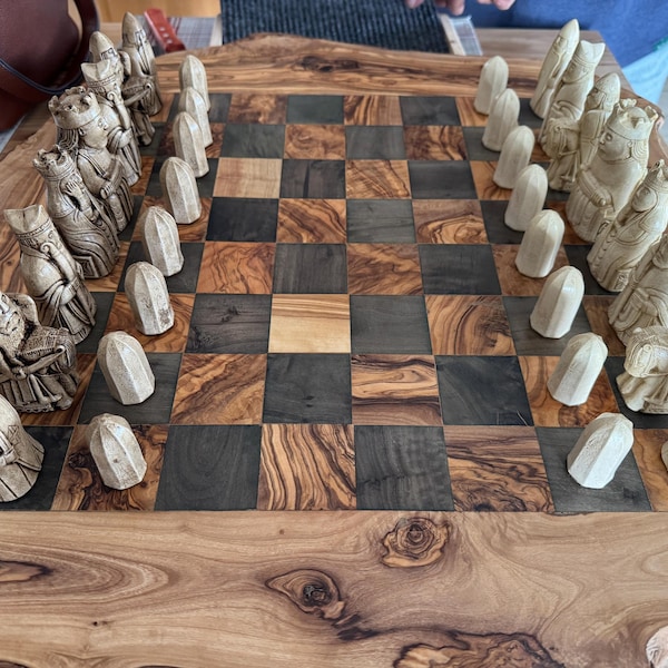 Handmade Rustic Olive Wood Chess Set: Engraved Board, FREE ...
