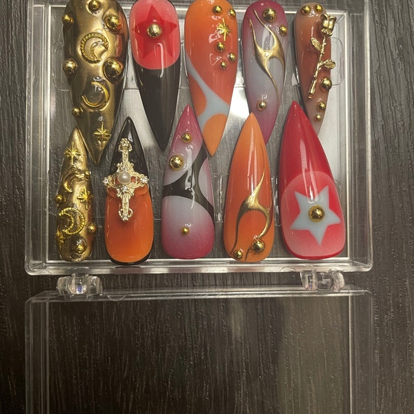 Bold Color Airbrush Long Stiletto Press on Nails, 3D Glam Goth False ...