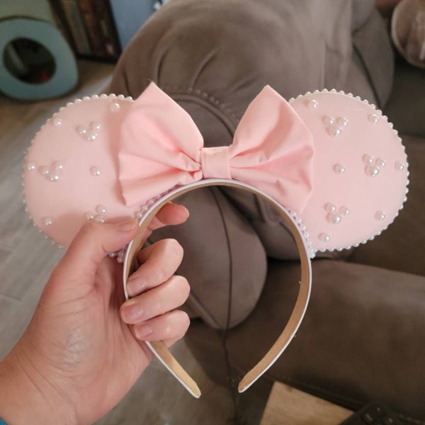 Pastel Pink Ears With Pastel Pink Bow and Embellished Pearls - Handmade ...