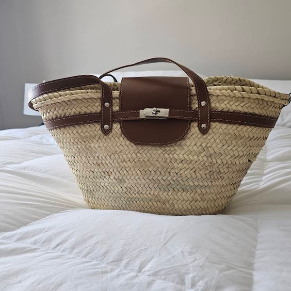 Handmade Large Straw French Baskets With Leather Straps, Straw Basket ...