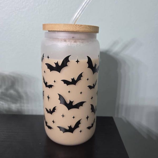 Bat Halloween Glass Cups With Lid and Straw, Halloween Cups, Fall Glass ...