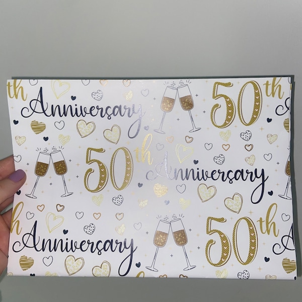 2 Sheets 50th Wedding Anniversary Unisex Wrapping Paper Champagne Glass ...
