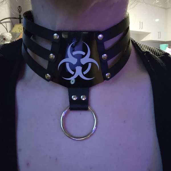 Cyber Gothic Punk Leather Choker With Bio Hazard Design Laser Etched on ...