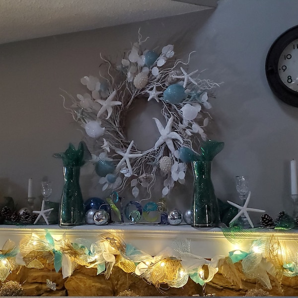 Lighted Coastal Garland, Nautical Decor. Aqua Lighted Beach Themed ...