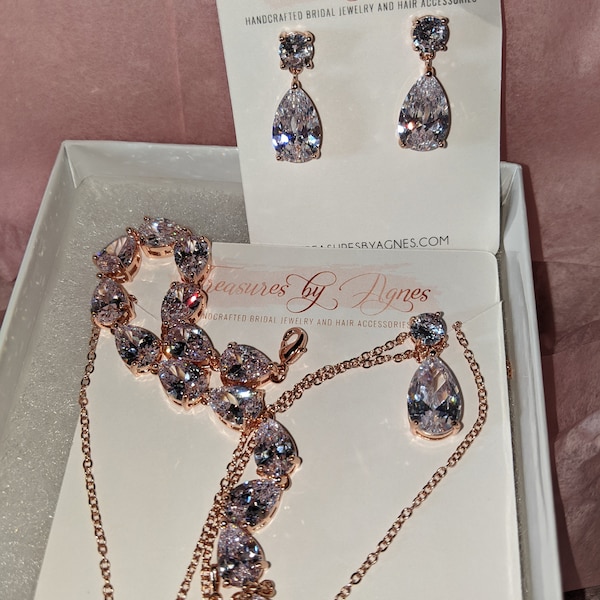 Simple Bridal Jewelry, Rose Gold Jewelry Set, Rose Gold Tennis Bracelet ...