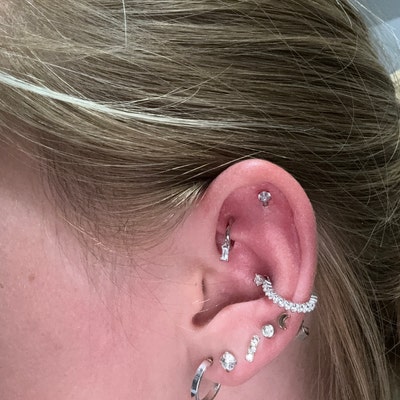 18G Tiny Diamond Baguette Rook Hoop Earring Tiny Gold Cartilage Hoop ...