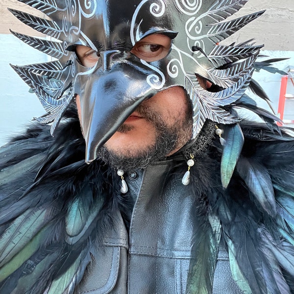 RAVEN Mask, Black Crow Leather Mask, Tribal Spiral Glow in the Dark ...
