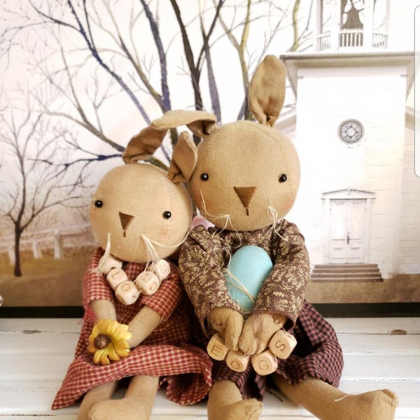 Primitive Country Bunny on Bed Spring Rustic Spring Decor Shelf Sitter ...