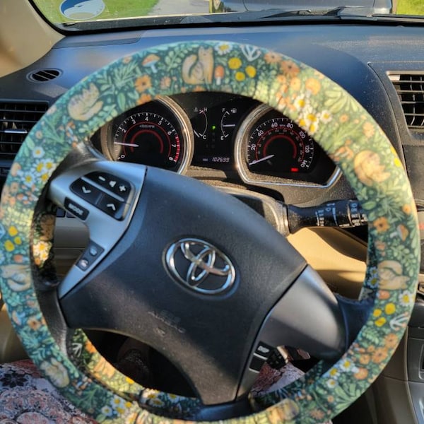 Cats in Floral Woodlands Steering Wheel Cover With Gripper Fabric ...
