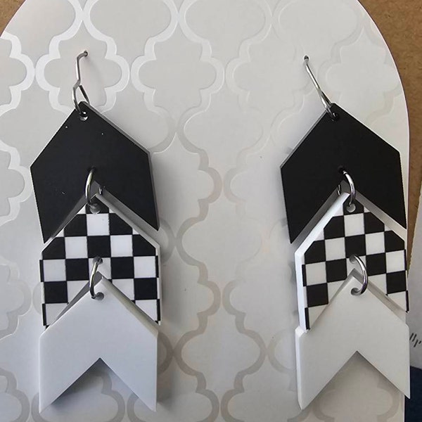 Racing Earrings, Black and White Checkered Flag Earrings, Arrow Acrylic ...