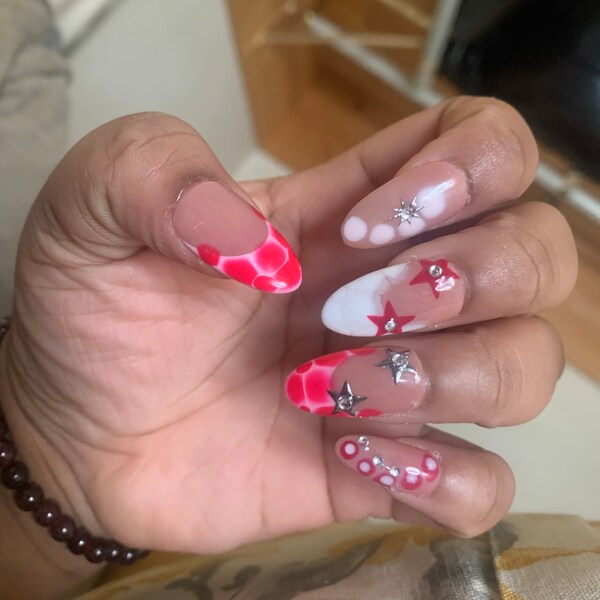 White and Red French Tip With Stars Long Stiletto Press on Nails Goth ...